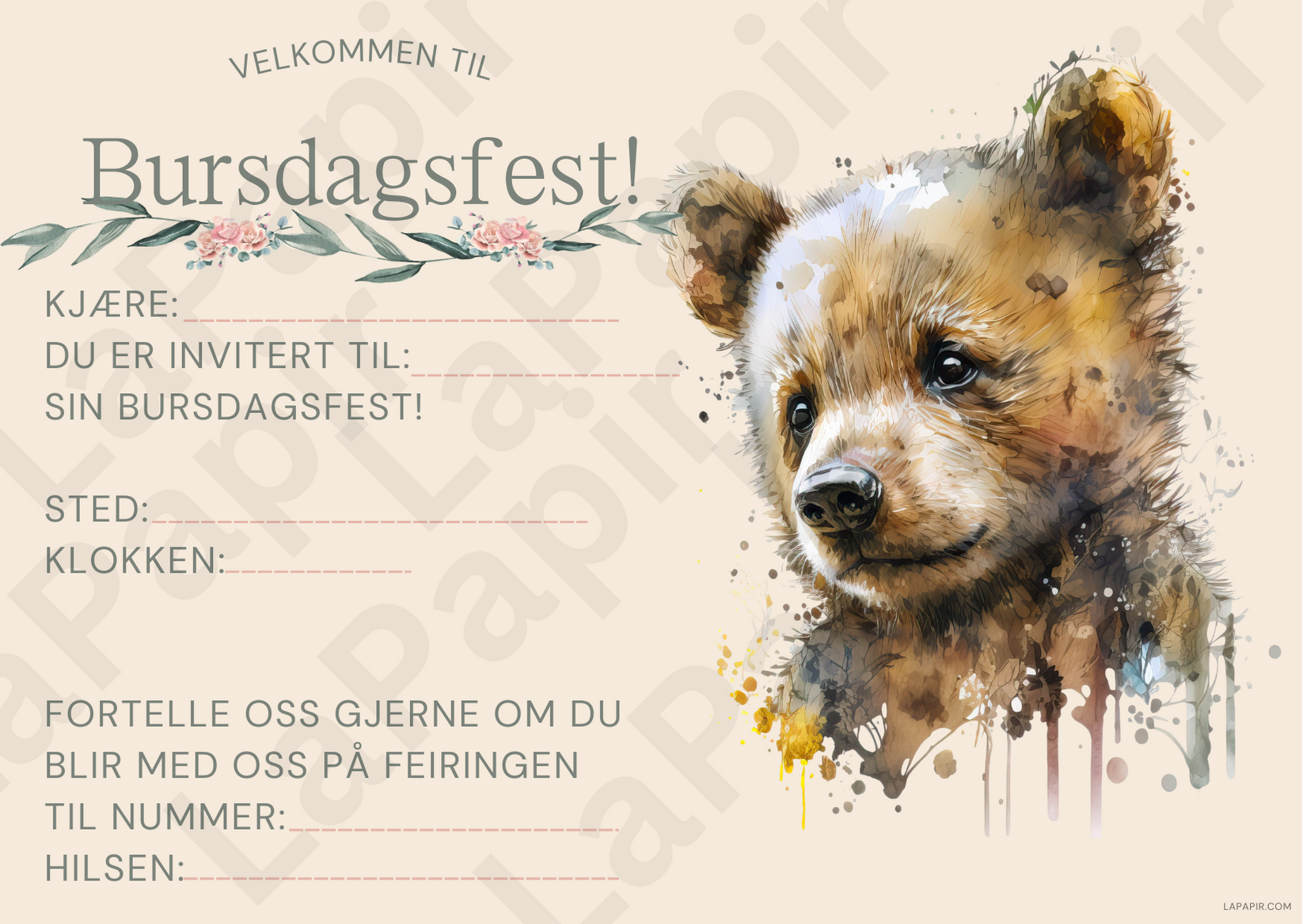 bursdag invitasjonskort (bjorne motiv) skriv ut hjemme – LaPapir