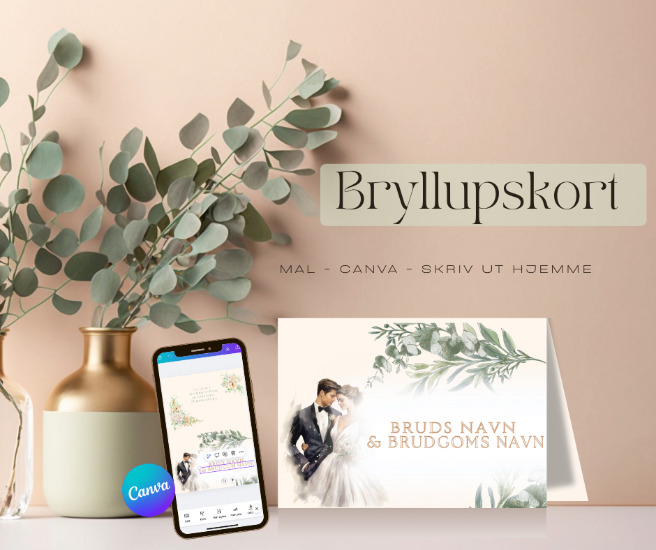 Bryllupskort til brudeparet. MAL. Skriv ut hjemme. – LaPapir